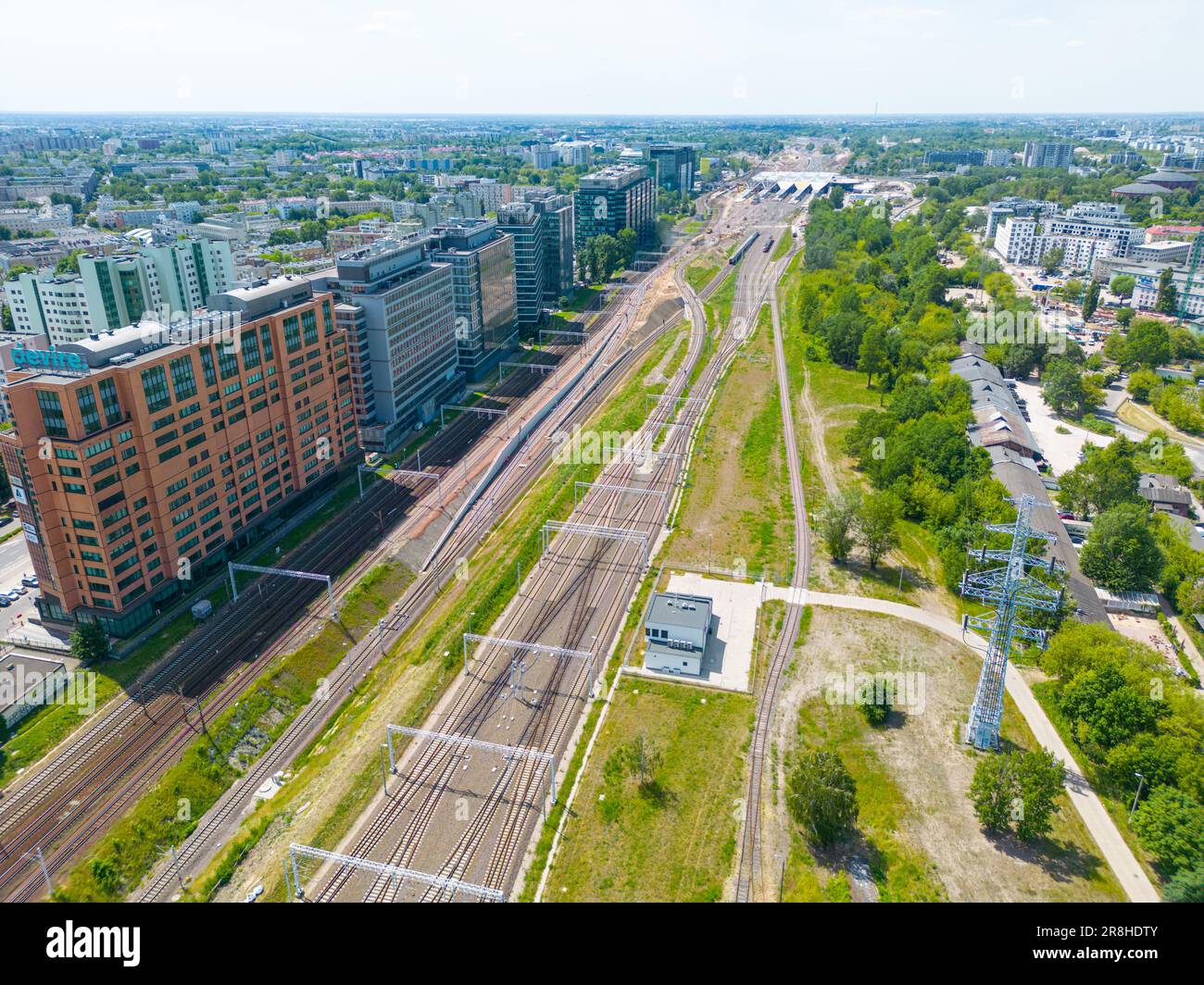 Aerial railway station. International and domestic trains does arrival ...