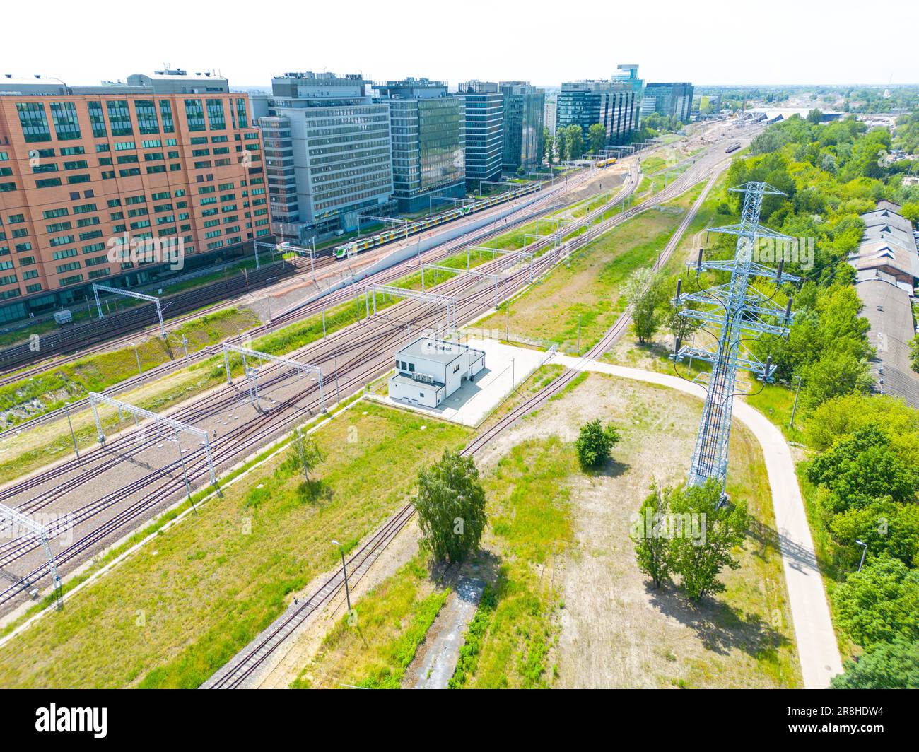 Aerial railway station. International and domestic trains does arrival ...
