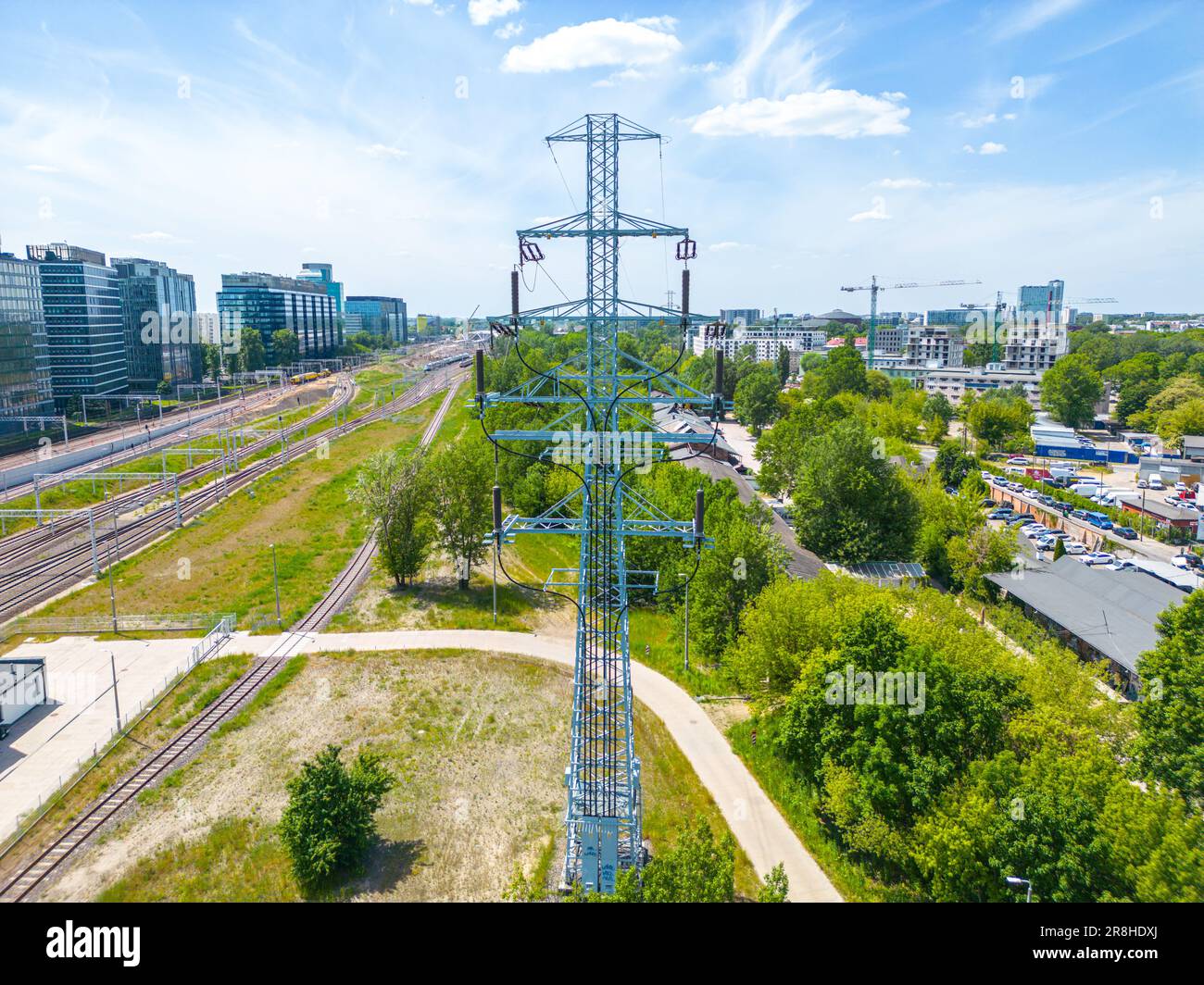Aerial view of the high voltage power lines and high voltage electric ...