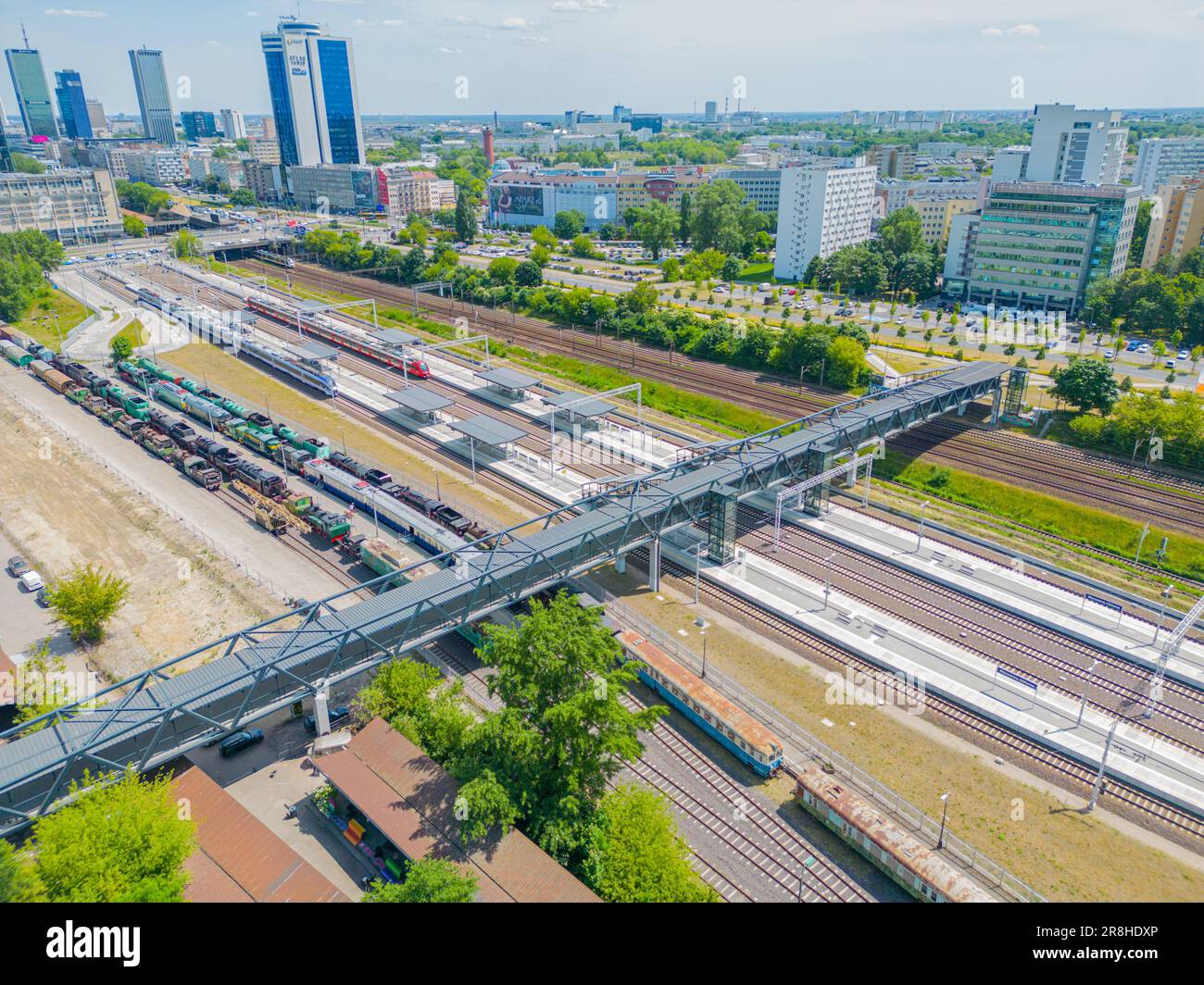 Aerial railway station. International and domestic trains does arrival ...