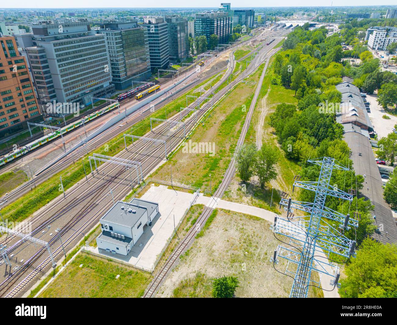 Aerial railway station. International and domestic trains does arrival ...