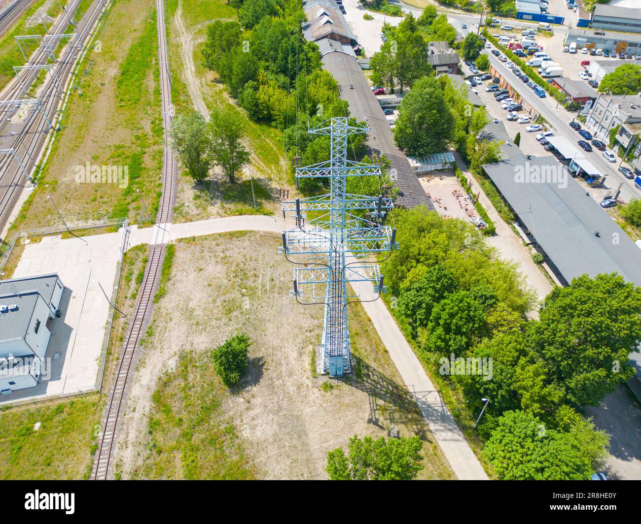 Aerial view of the high voltage power lines and high voltage electric ...