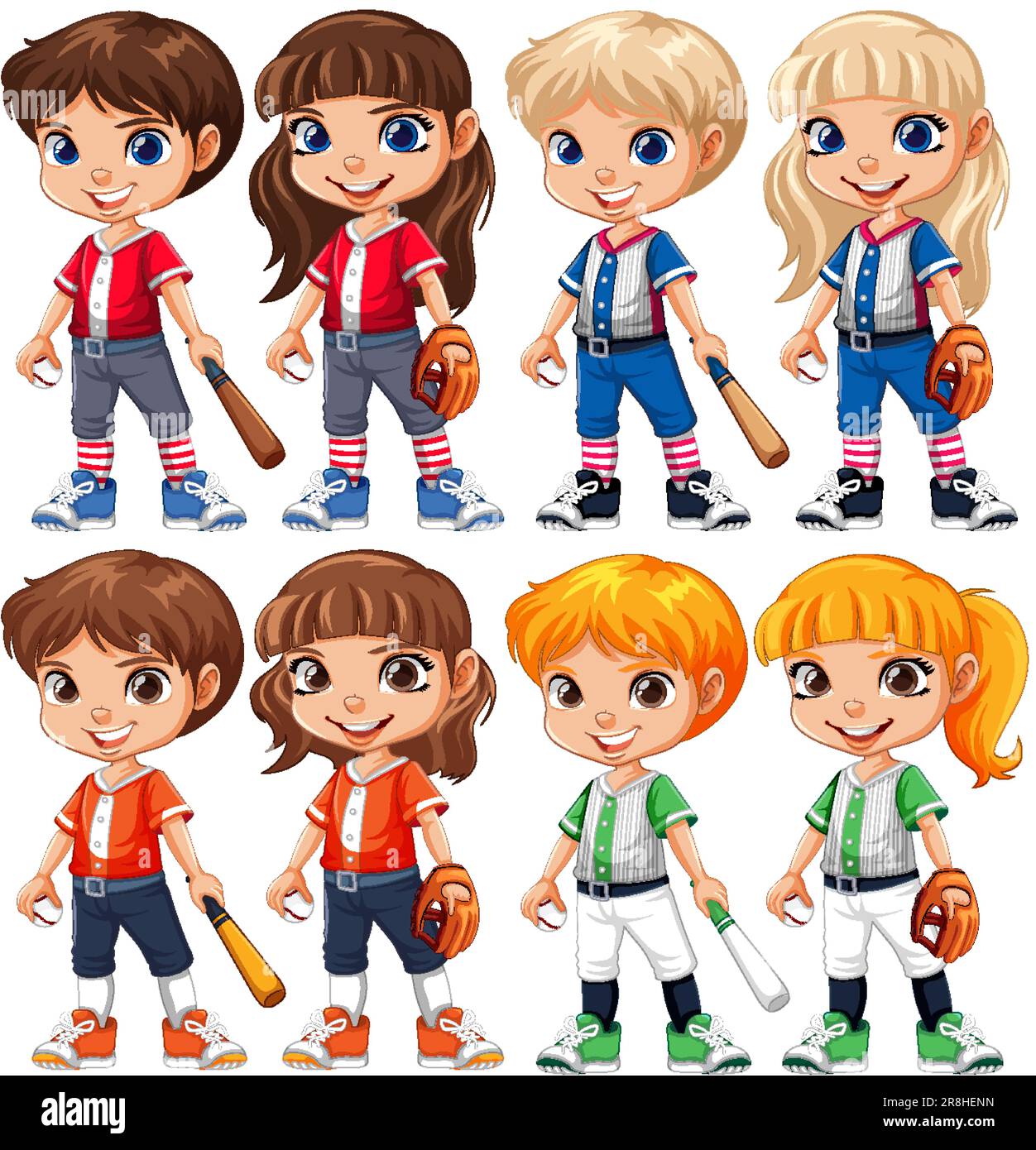 Set of cute boy and girl baseball player cartoon character with diffrent hair colour ...