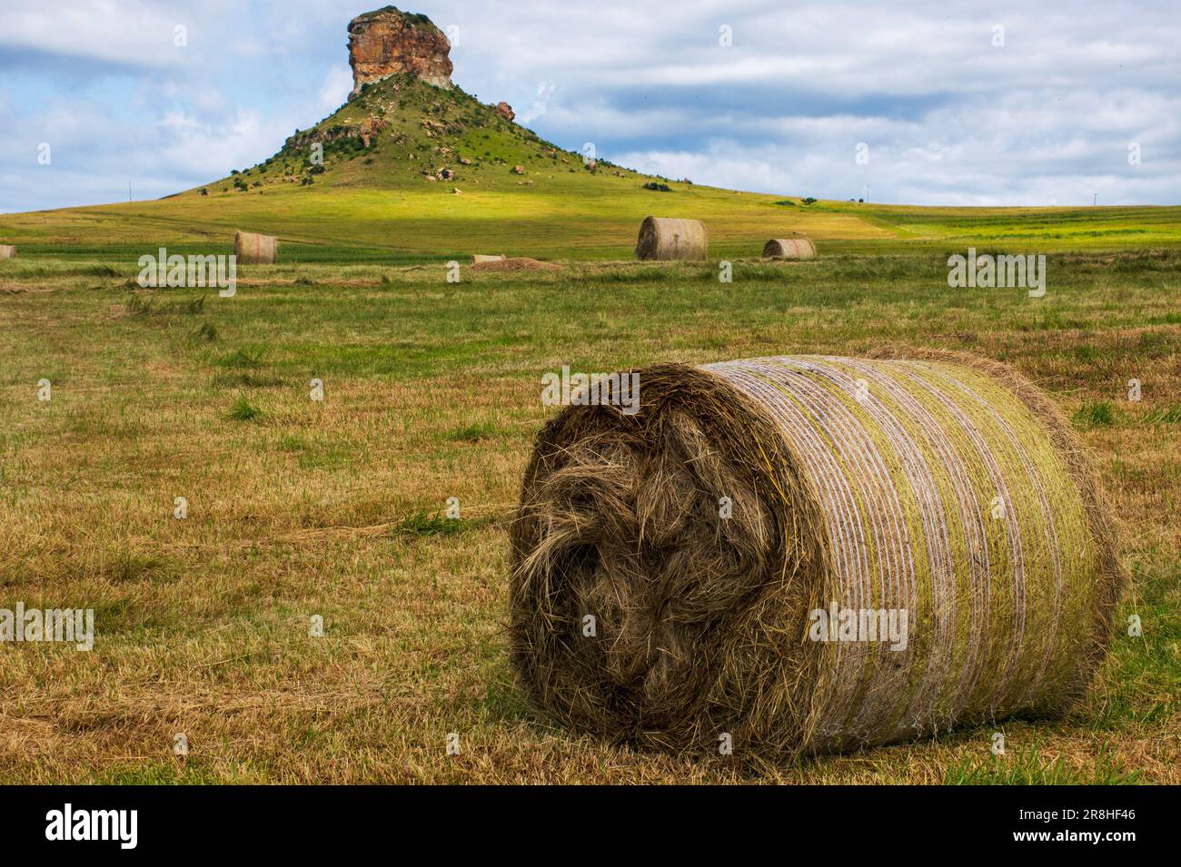 Hay bales beneath Surrender Hill, Free State, South Africa Stock Photo ...