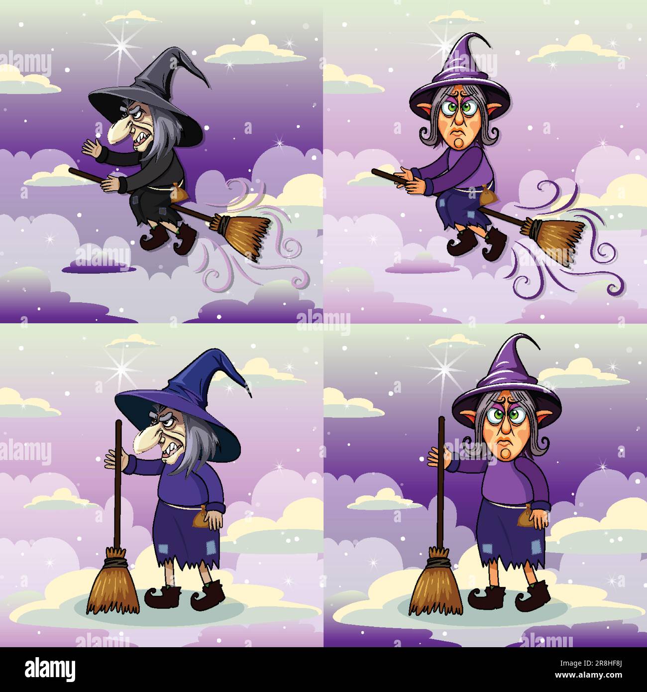 Grumpy witch riding bloom on sky set illustration Stock Vector Image ...