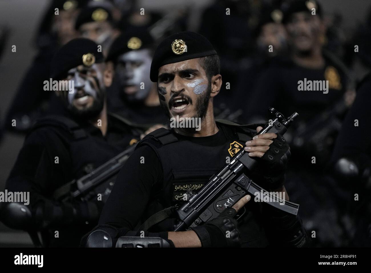 Members of the Saudi special forces for Hajj and Umrah (SFHU), perform ...