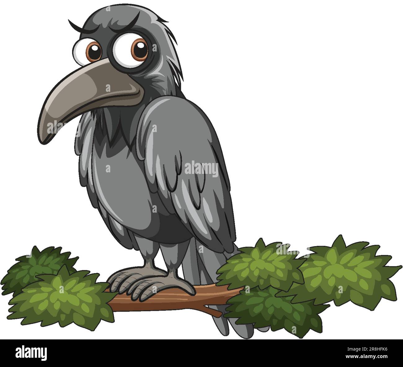 Crow perching on tree branch in cartoon style illustration Stock Vector ...