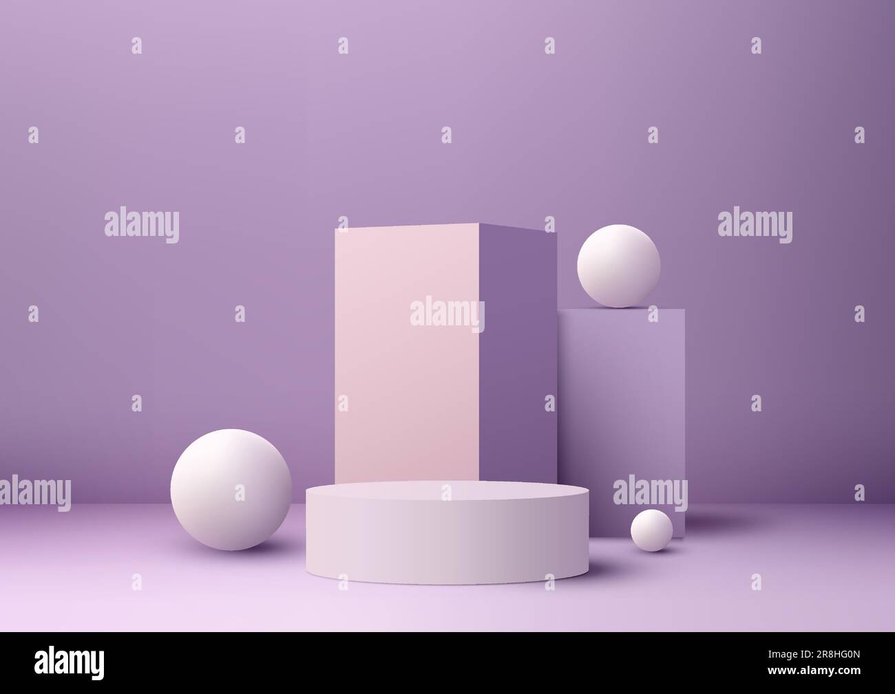 3D realistic group of empty purple podium stand with geometric, white ...