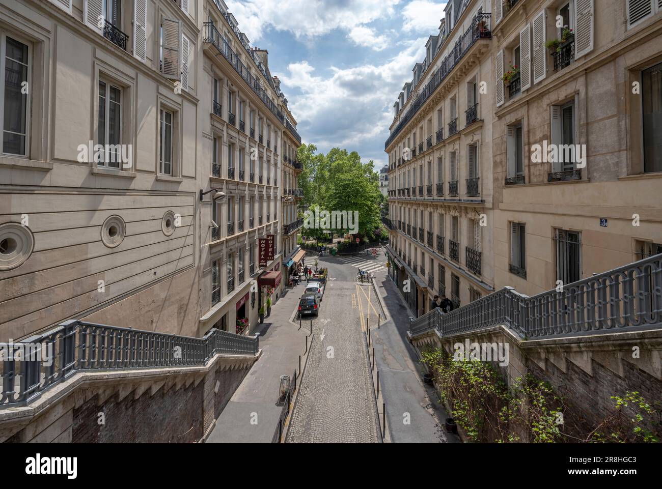 Paris, France - 05 20 2023: Panoramic view of a typical stone staircase ...