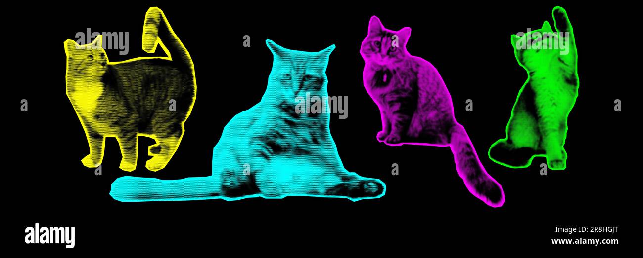 Halftone collage design elements in trendy magazine style. Cat heads ...
