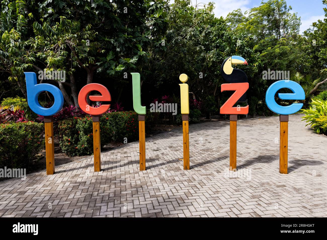 Belize sign with toucan - Harvest Caye - private island owned by ...