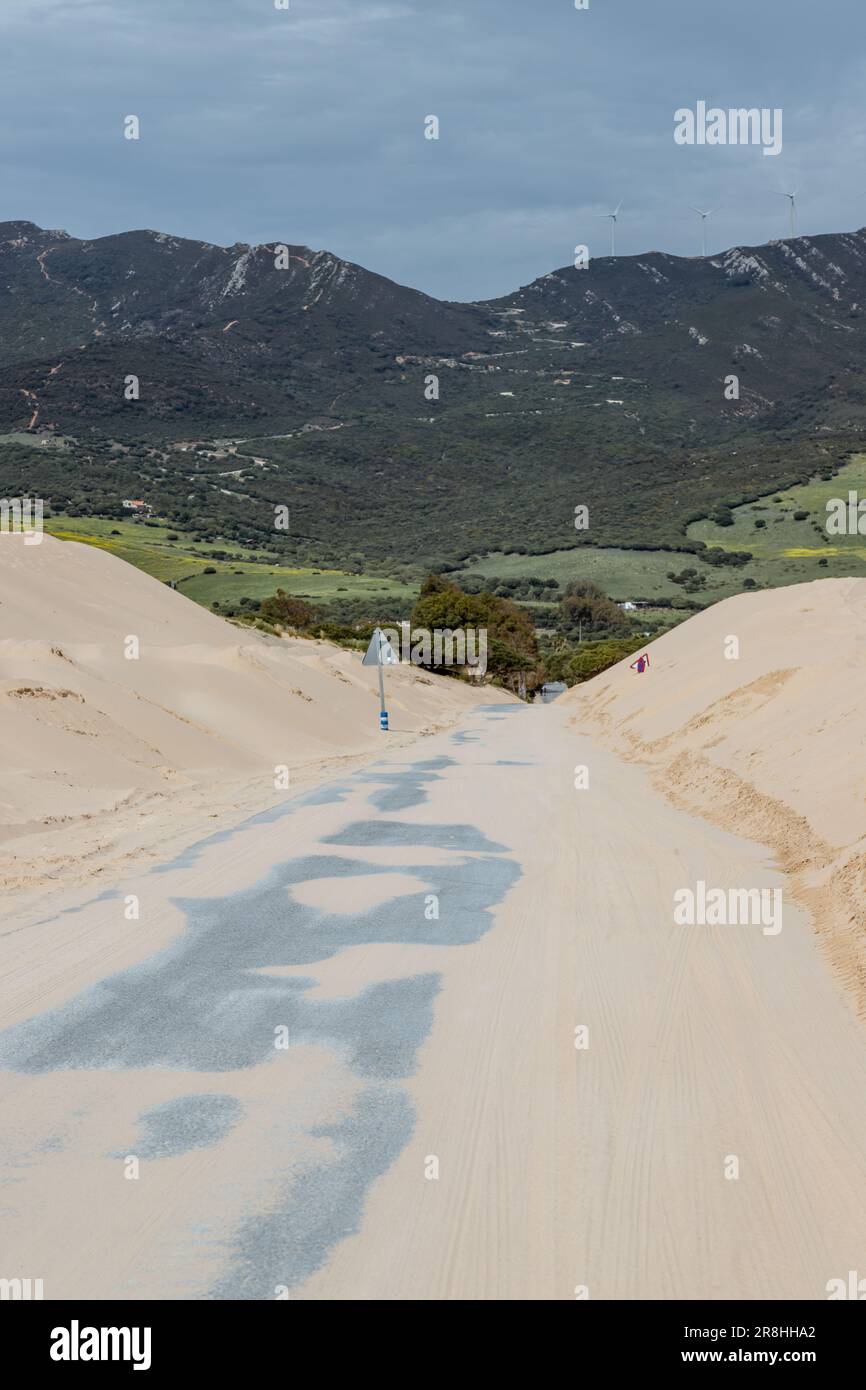 A winding desert road leading up a steep incline with lush mountains in ...