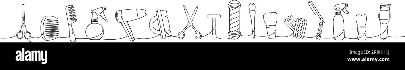 Hairdresser one line continuous drawing. Scissors, comb, hair dryer ...