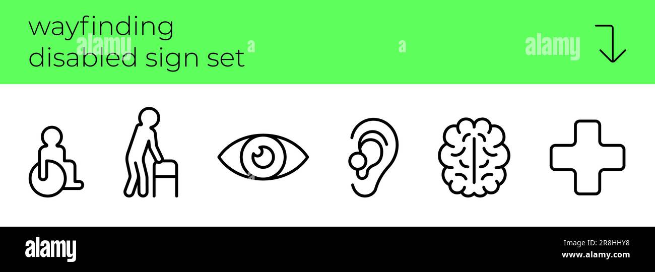 Wayfinding icons. Disabled sign set. Way finding symbols accessible ...