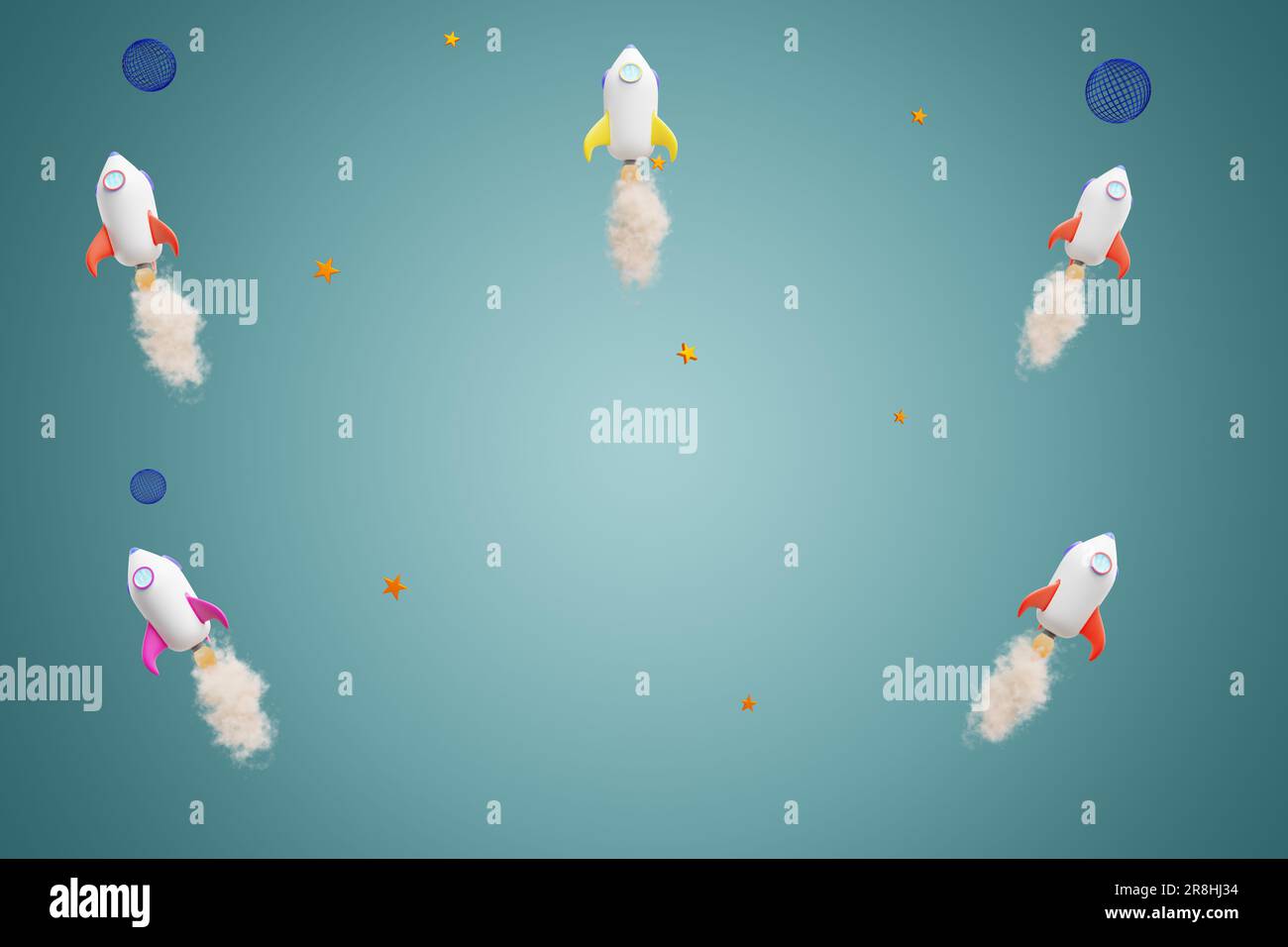 Back to school. Cartoon rockets flying up with smoke on the background ...