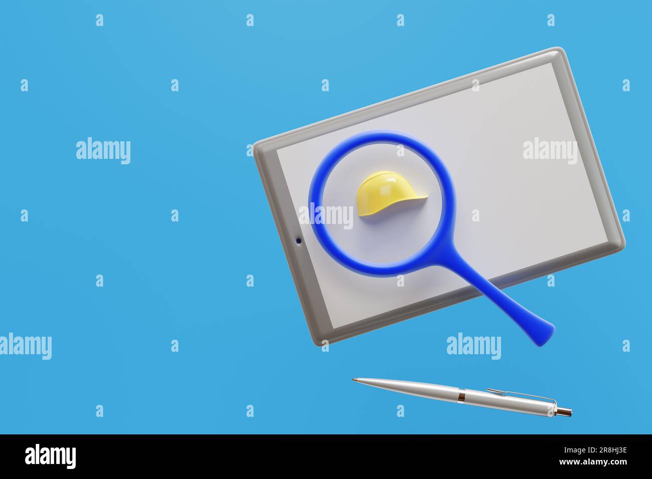 Internet job search. Magnifier tablet with work hard hat on the screen ...