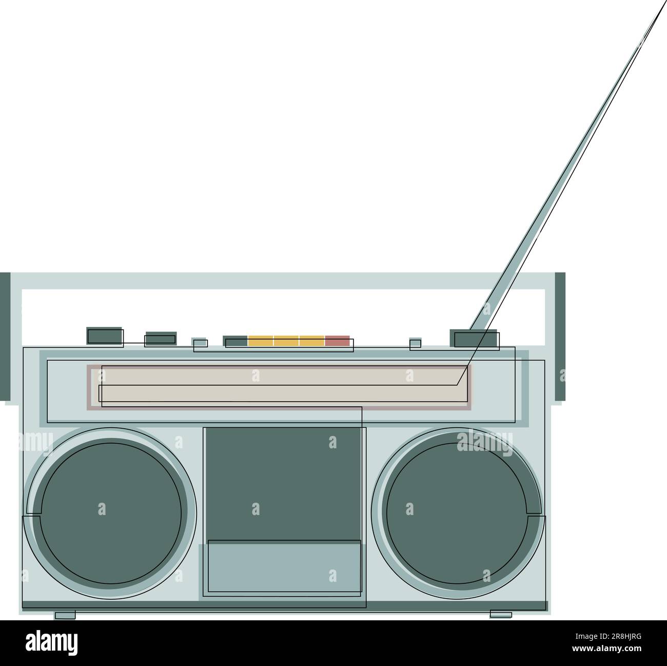 Retro radio cassette recorder drawn by continuous line with colour. One ...