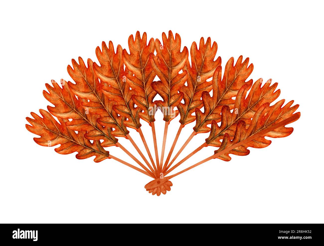 Watercolor hand drawn Illustration of hand fans with autumn oak leaves ...