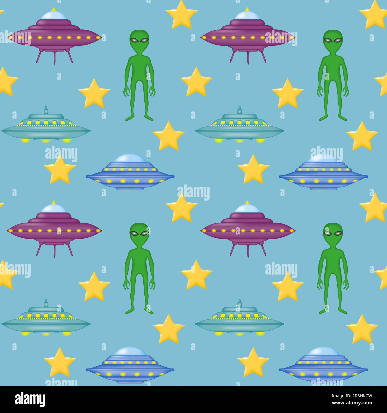 Cute background with cartoon UFOs, green alien, stars on blue. Space ...