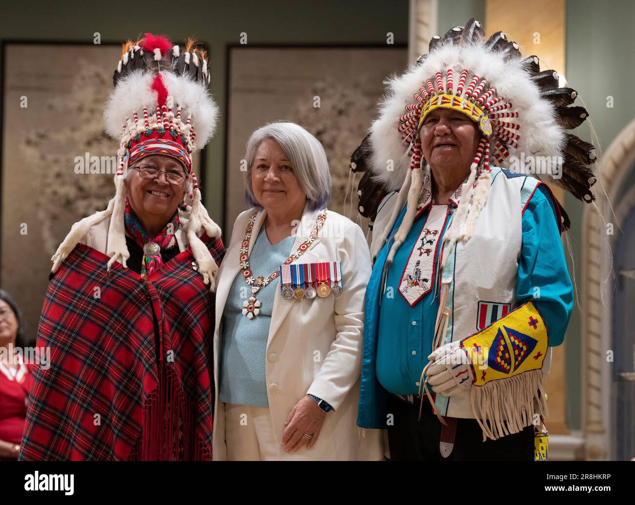 Ottawa, Canada. 21st June, 2023. Governor General Mary Simon stands with elders of the Piikani ...