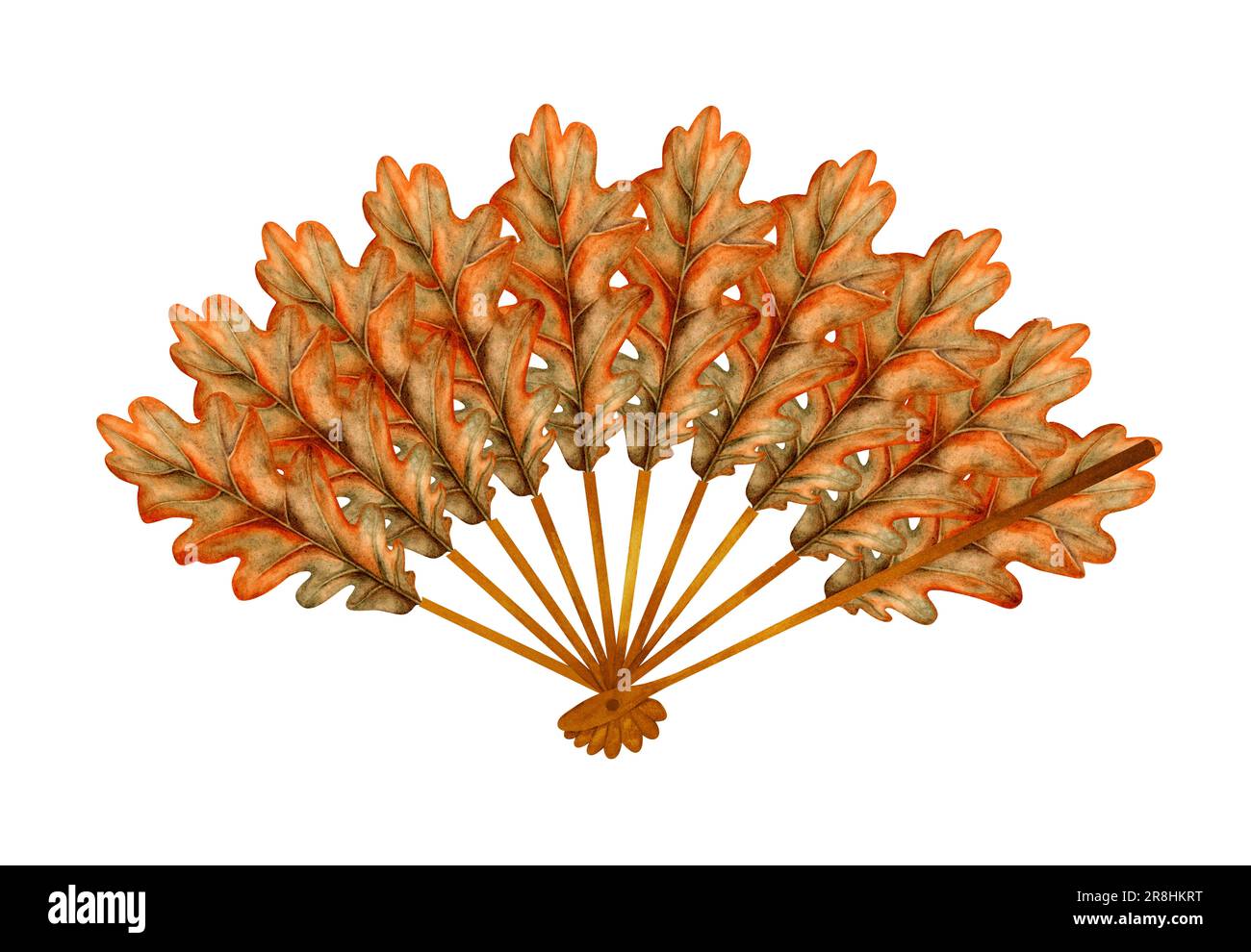 Watercolor hand drawn Illustration of hand fans with autumn oak leaves ...