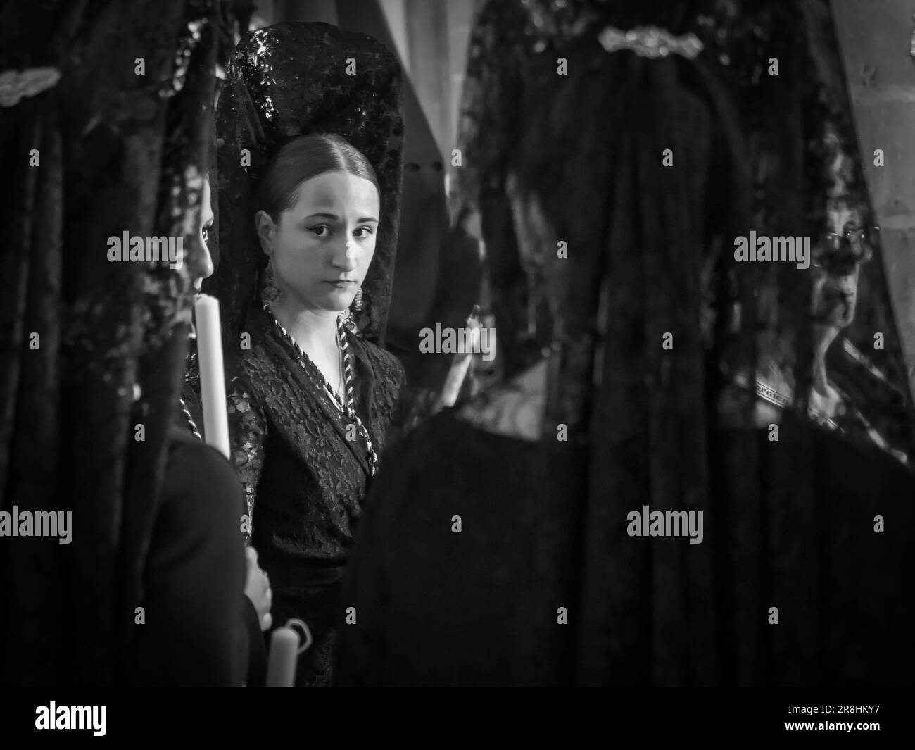 Woman with mantilla and comb in the processional parades in the streets ...