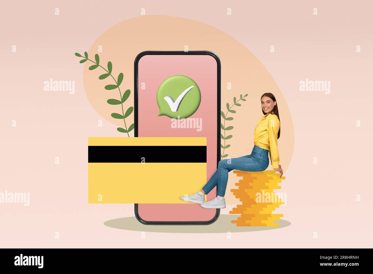 Online payment. Happy lady sitting near big cellphone and credit card ...