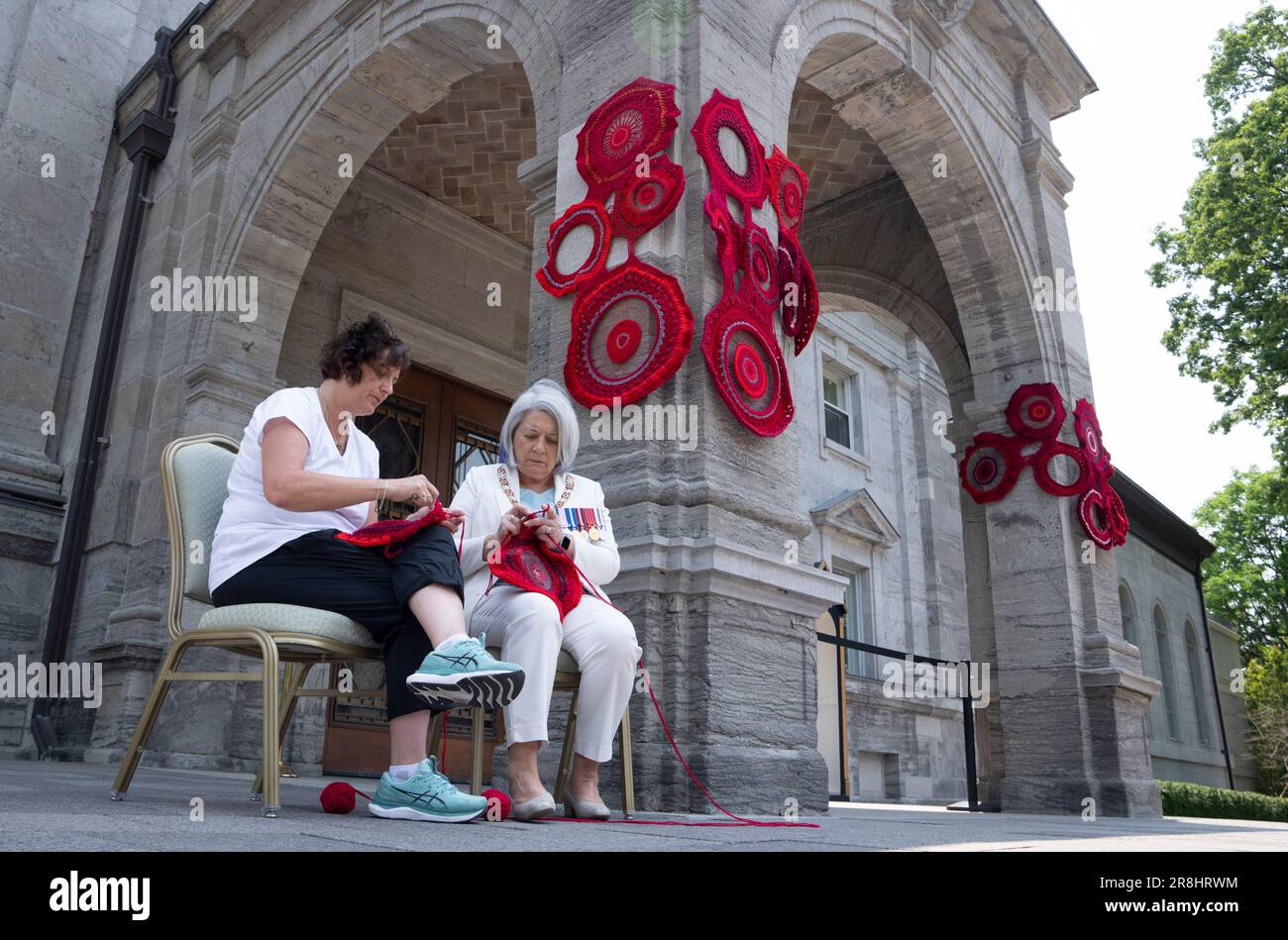 Ottawa, Canada. 21st June, 2023. Governor General Mary Simon crochet‚Äôs a piece with Metis ...