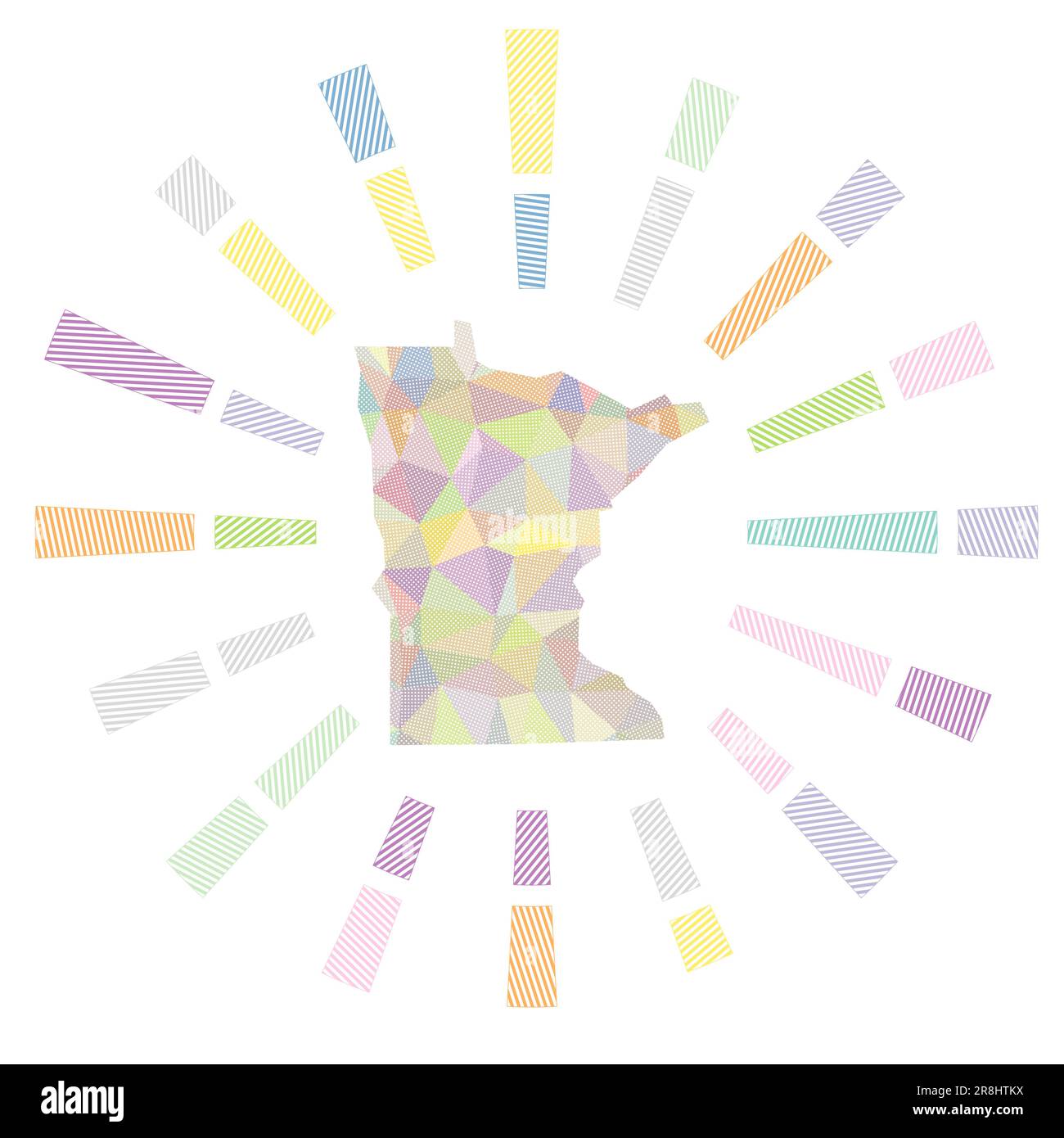 Minnesota sunburst. Low poly striped rays and map of the US state ...