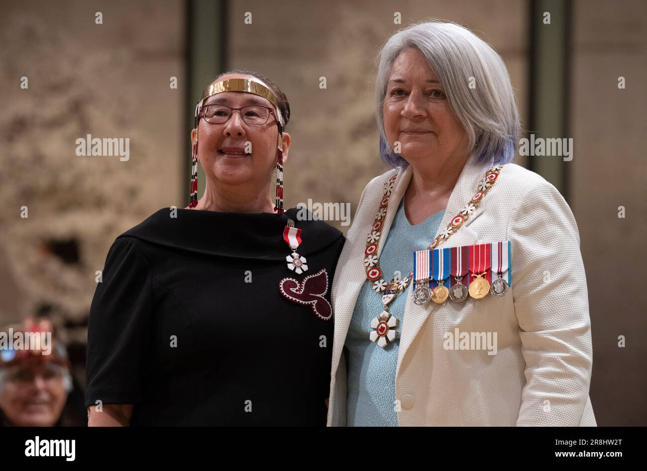 Ottawa, Canada. 21st June, 2023. Governor General Mary Simon stands with Nancy Karetak-Lindell ...