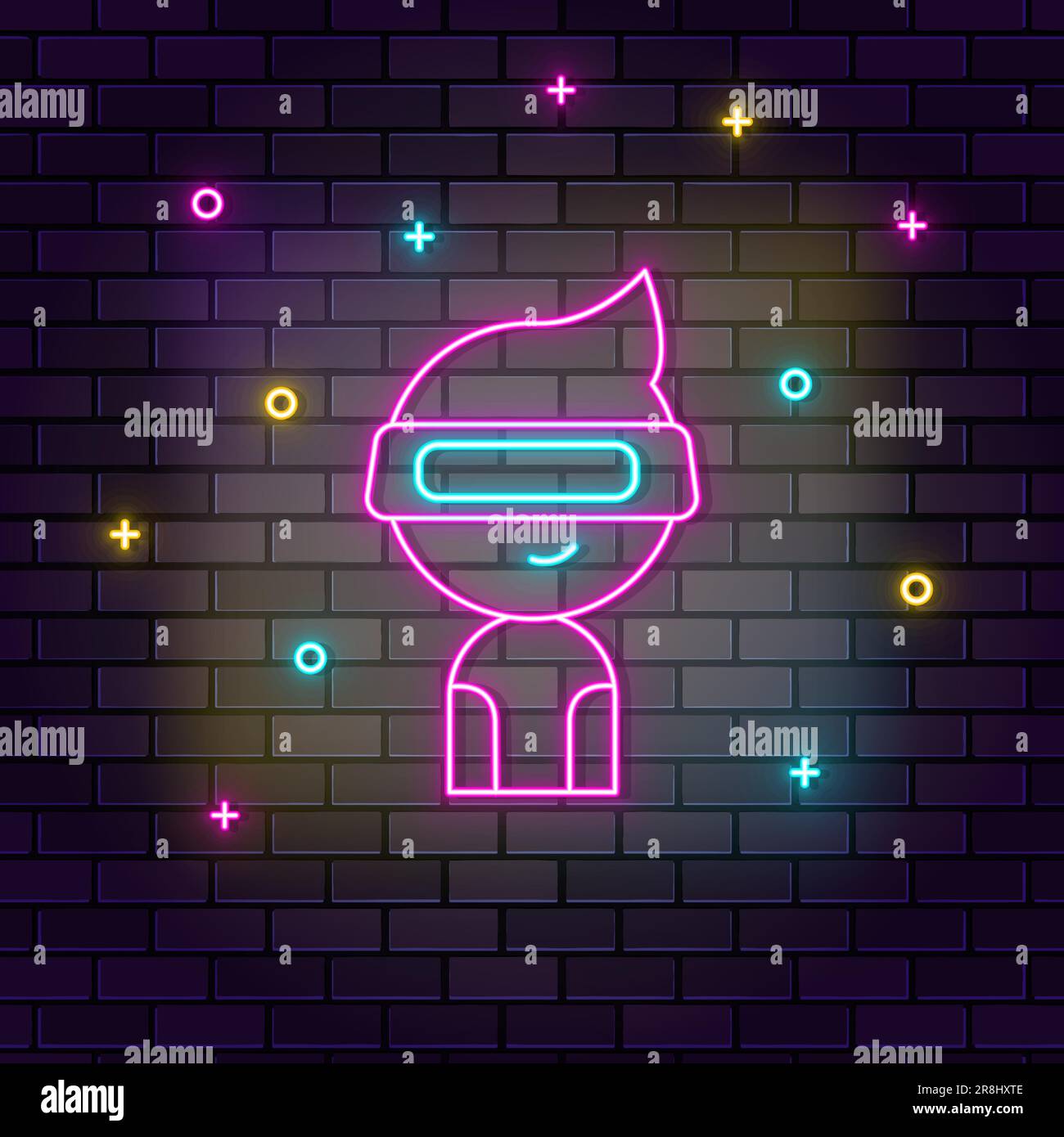 Vr glasses retro arcade neon on wall. Dark background brick wall neon ...