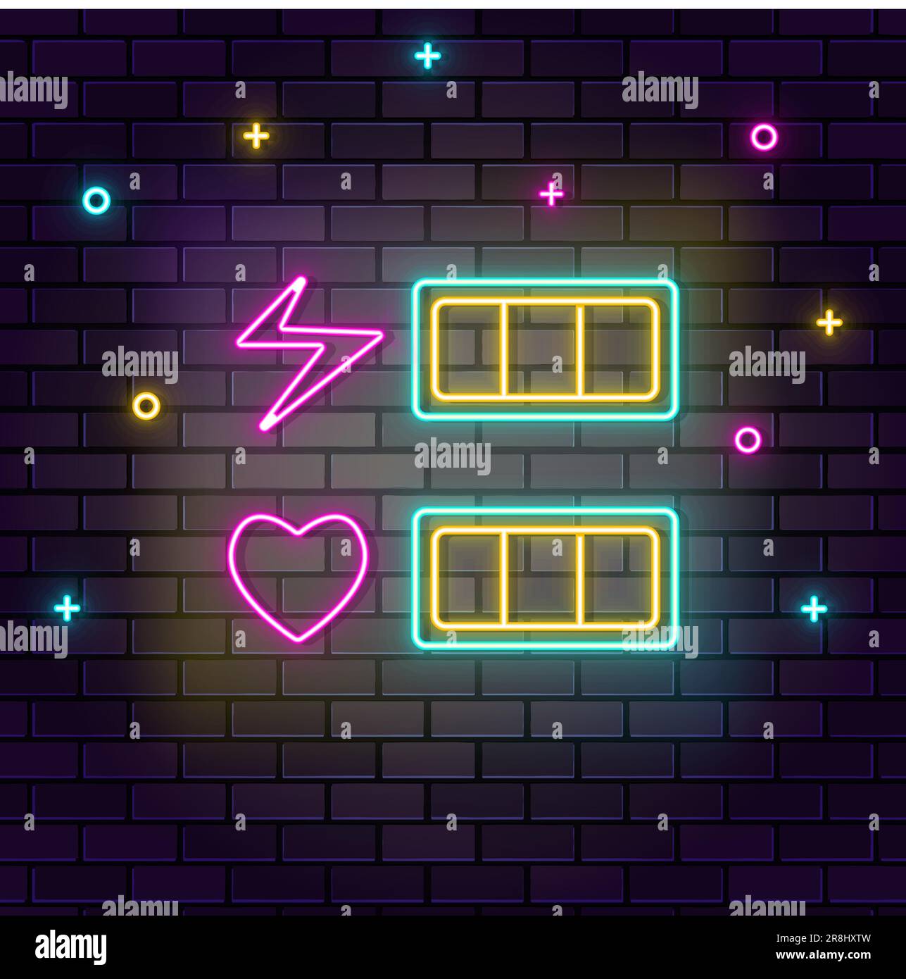 Life bar hearts retro style neon on wall. Dark background brick wall ...