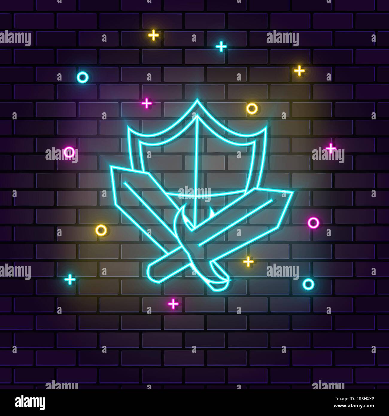 Sward shield retro game element neon on wall. Dark background brick ...
