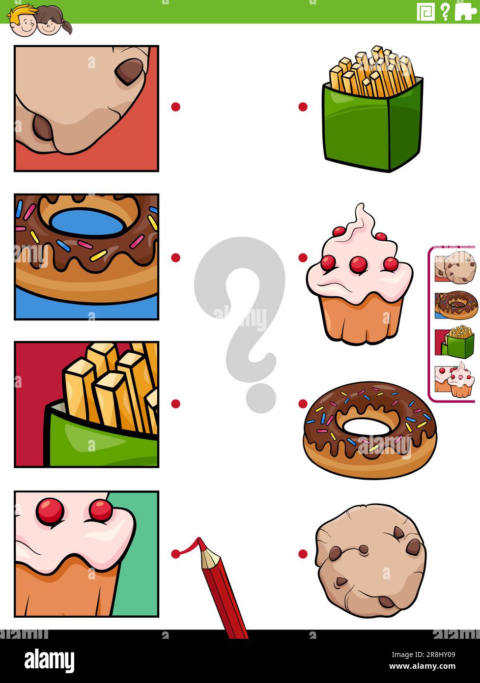 Cartoon illustration of educational matching game with food objects and ...