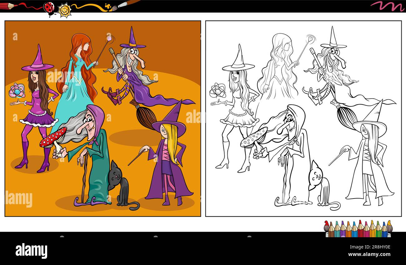 Cartoon illustration of funny witches fantasy characters group coloring ...