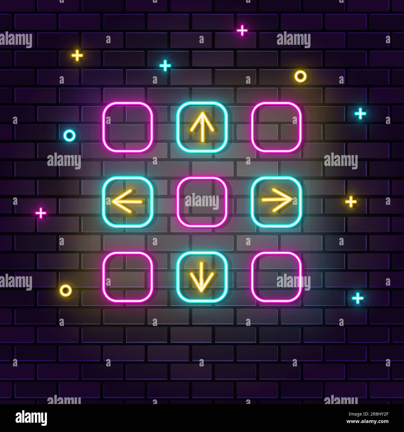 Dancing game pad arcade retro neon on wall. Dark background brick wall ...