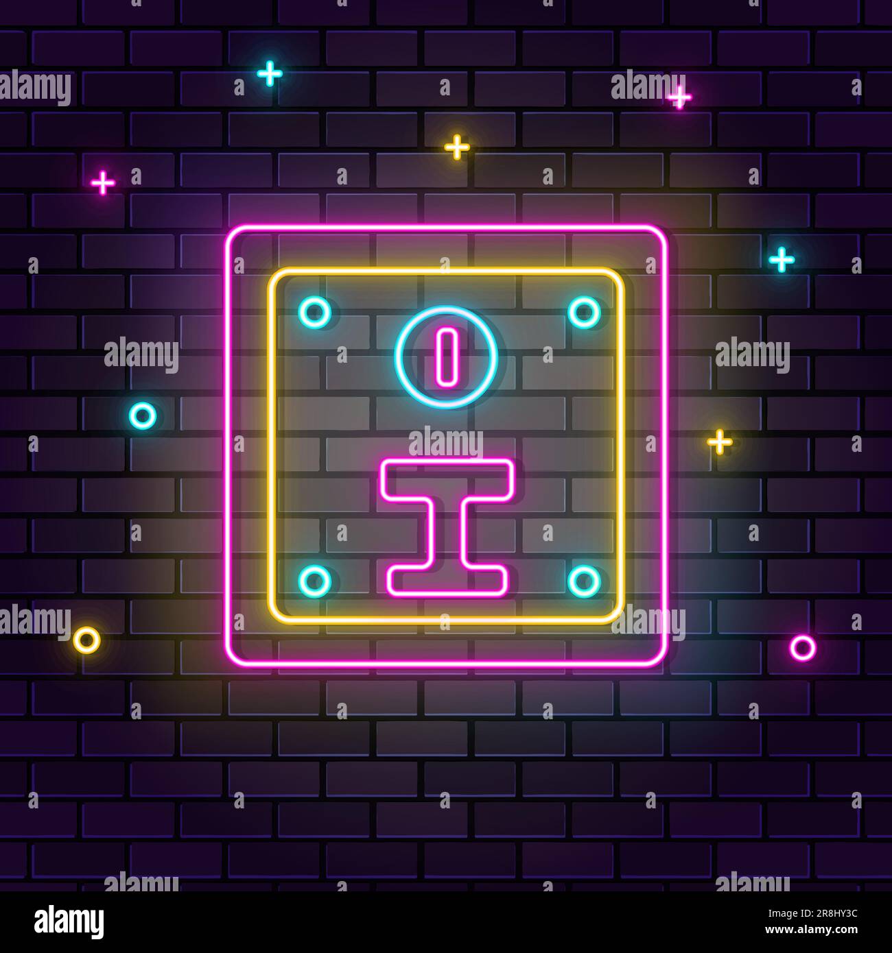 Coin slot retro arcade neon on wall. Dark background brick wall neon ...