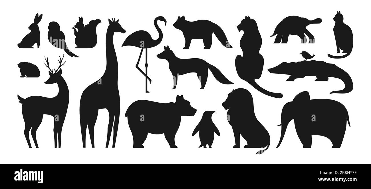 Animal silhouette shape set. Cute parrot squirrel, frog, giraffe. Panda ...