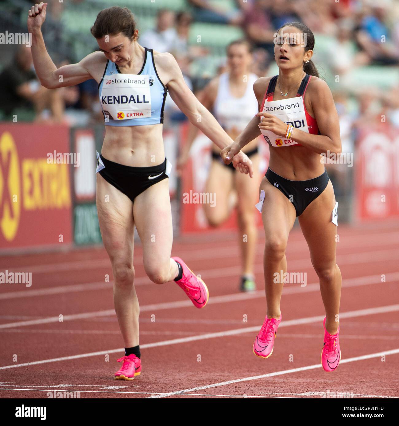 Line Safaa Al-Saidd of Norway and Nicole Kendal of GB & NI competing in the women’s 400m race at ...