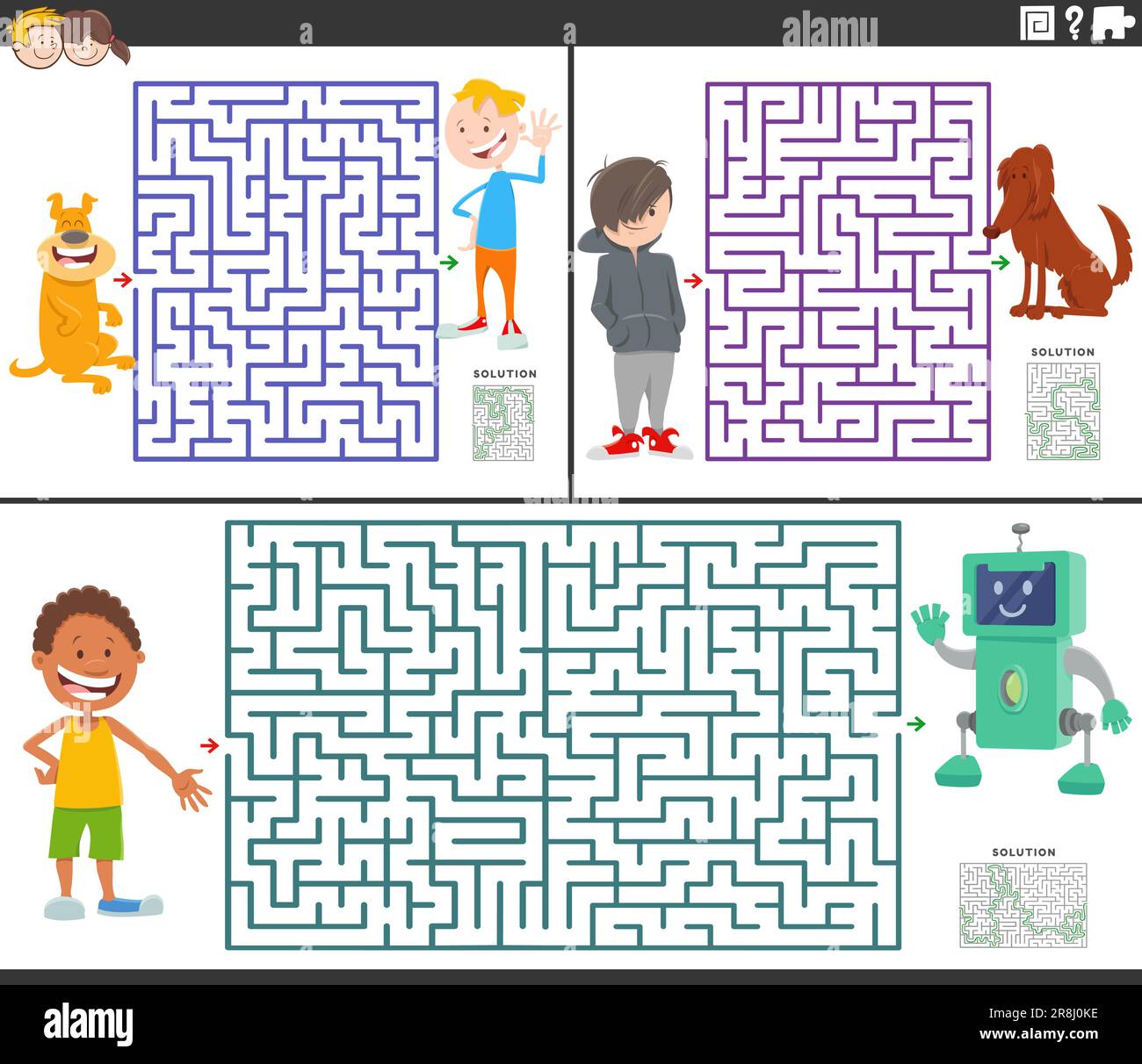 Cartoon illustration of educational maze puzzle games set with children ...