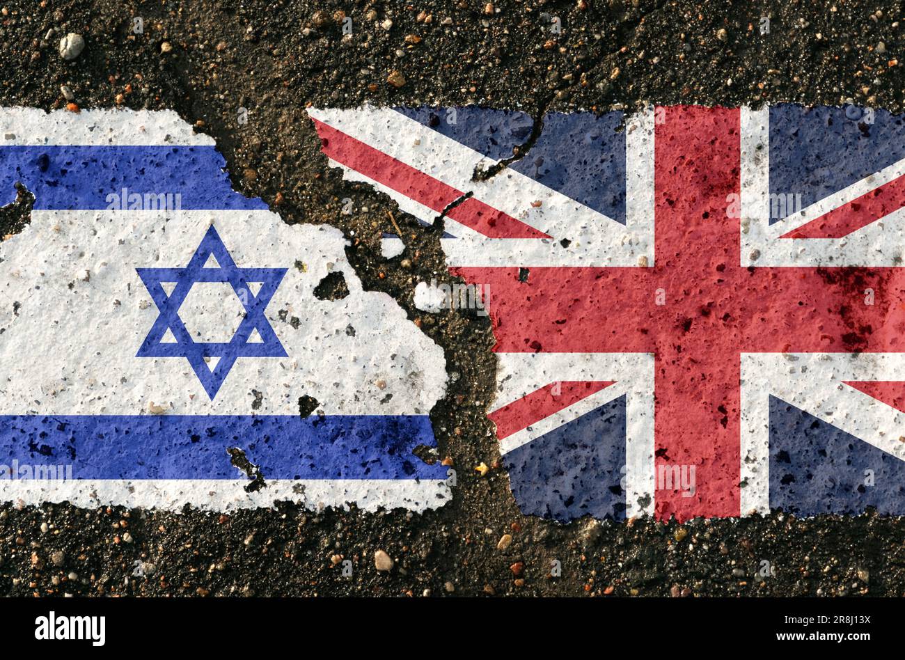 On the pavement are images of the flags of Israel and UK, as a symbol ...