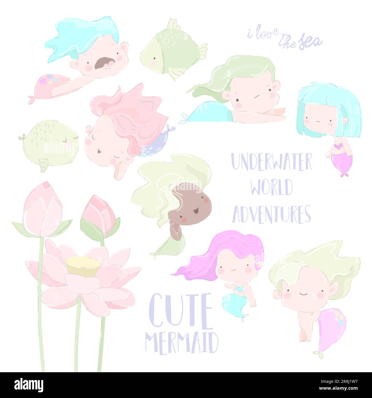 Cartoon Set with Cute Mermaids on White Background Stock Vector Image ...