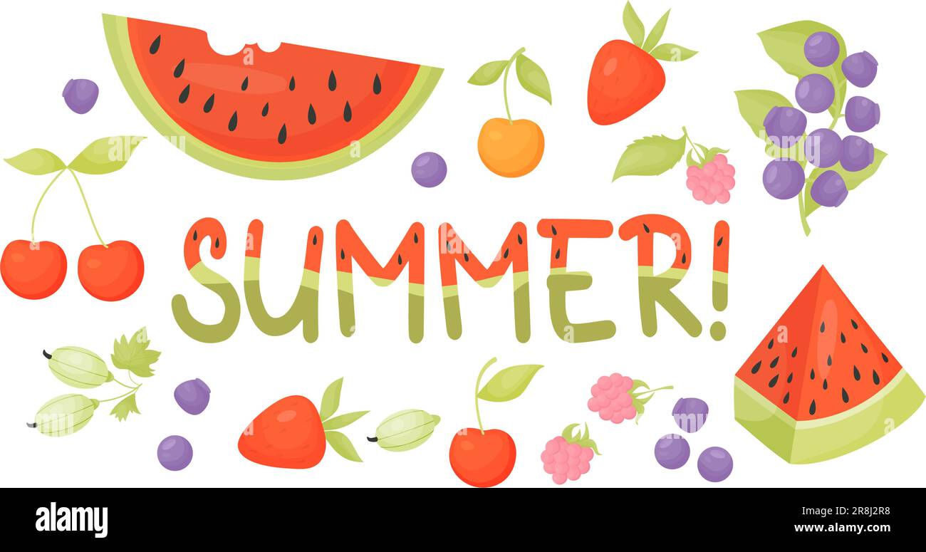Summer berries. Forest and garden fruits. Lettering summer with ...