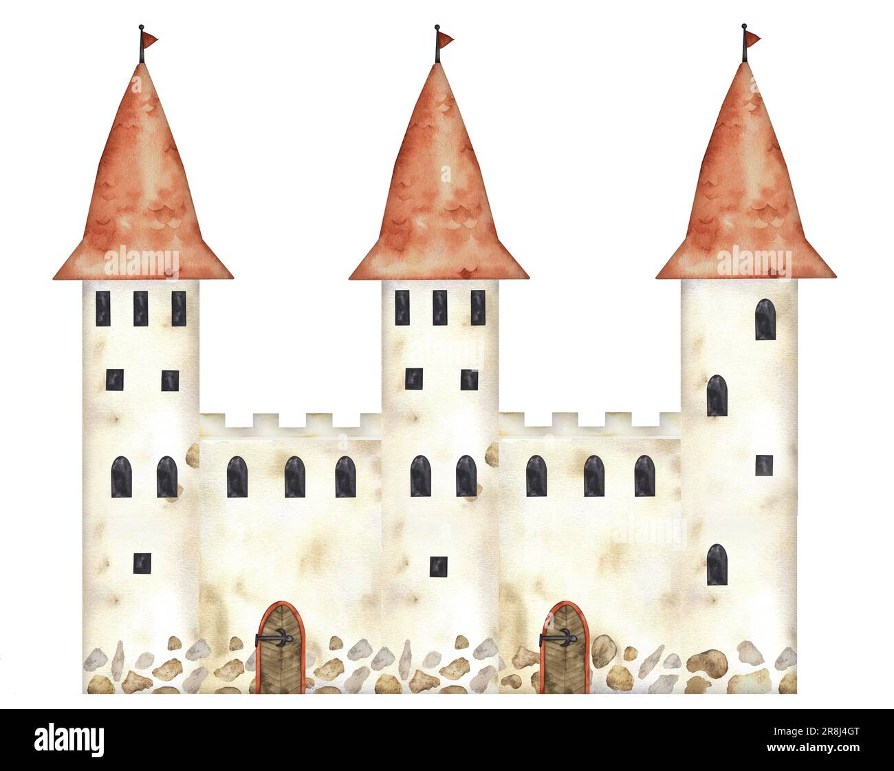 Medieval childish castle watercolor hand drawn illustration. Paint ...