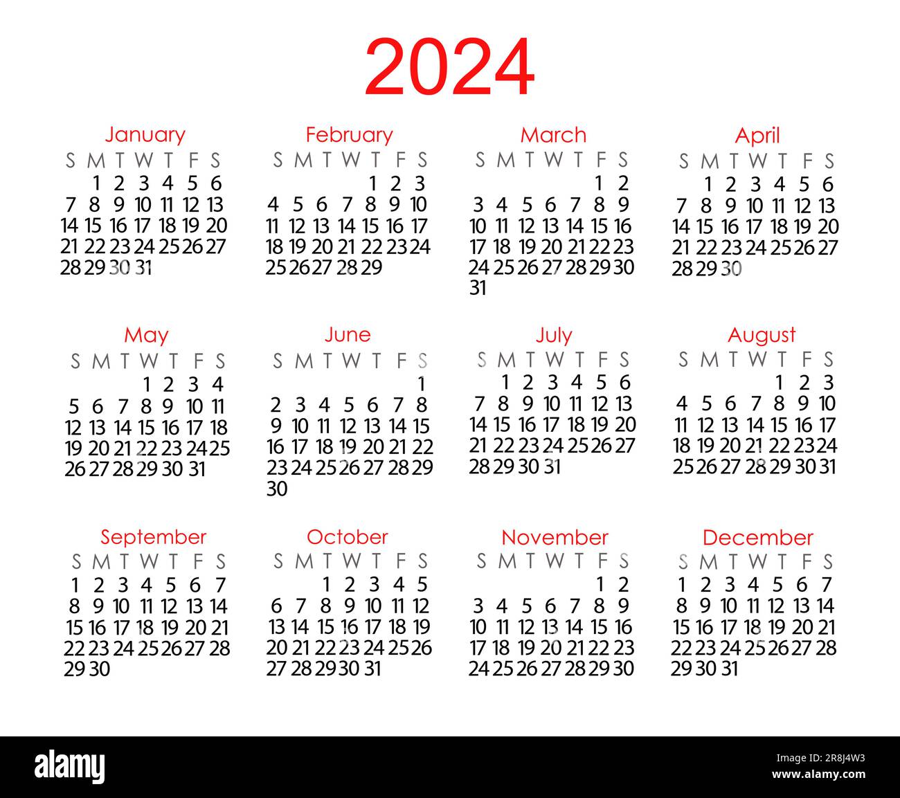 Calendar template for the year 2024 in simple minimalist style, week ...