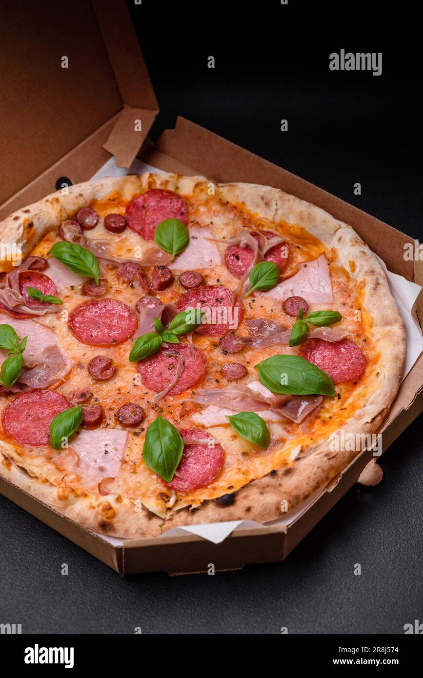 Delicious fresh oven baked pizza with salami, meat, cheese, tomatoes ...