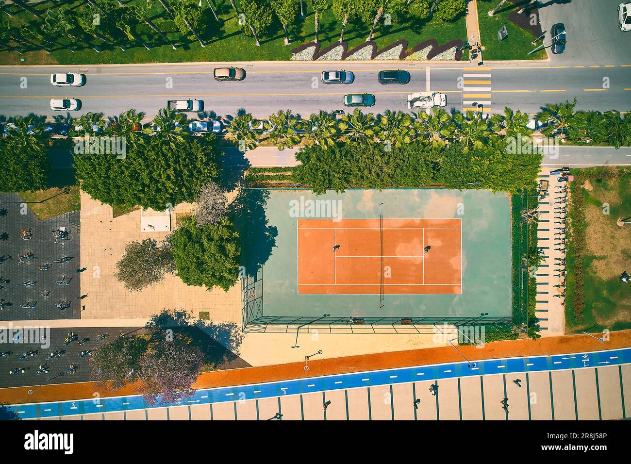Aerial view of tennis court and motorway Stock Photo - Alamy