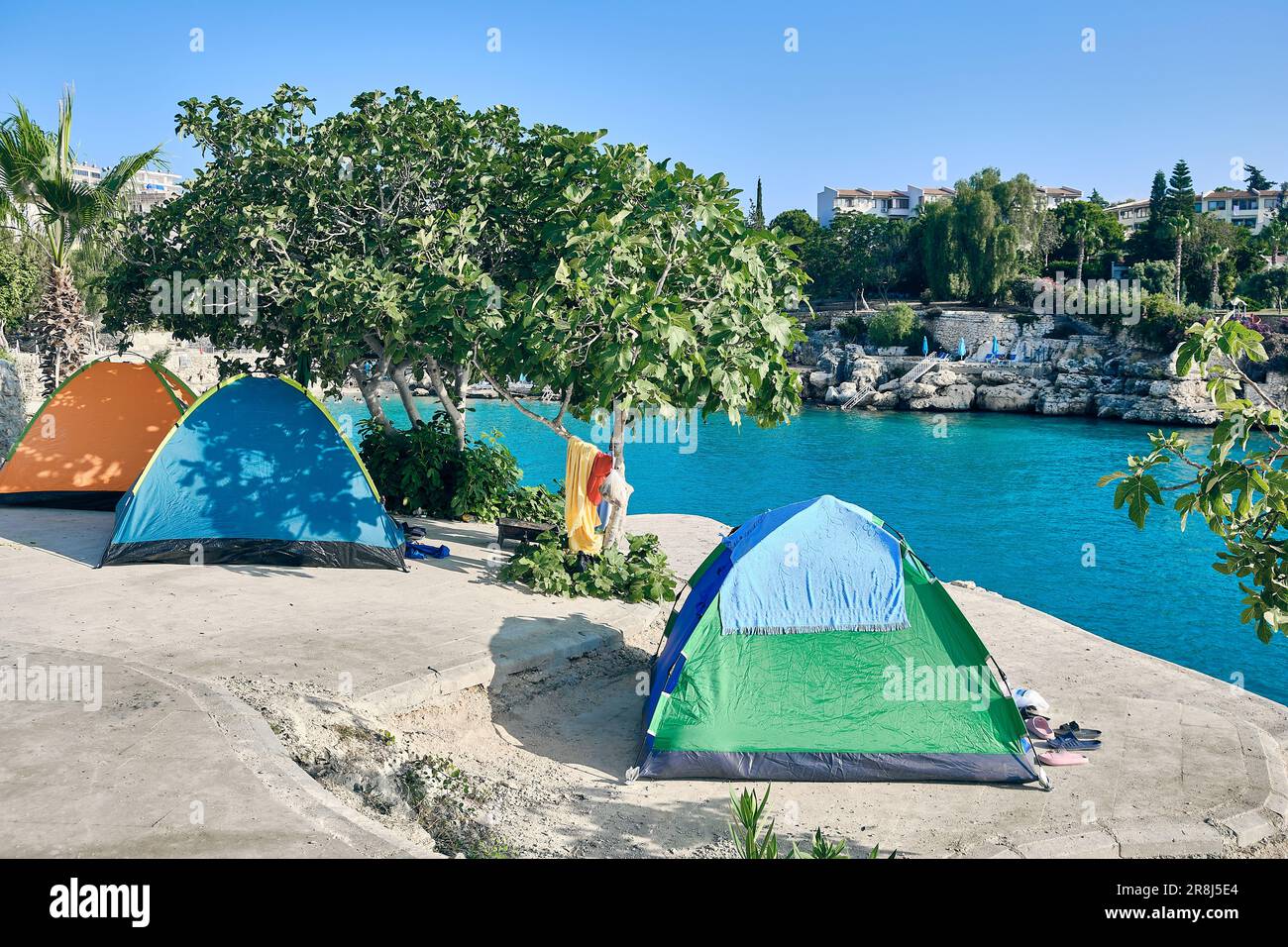 Campground in sea lagoon Stock Photo - Alamy