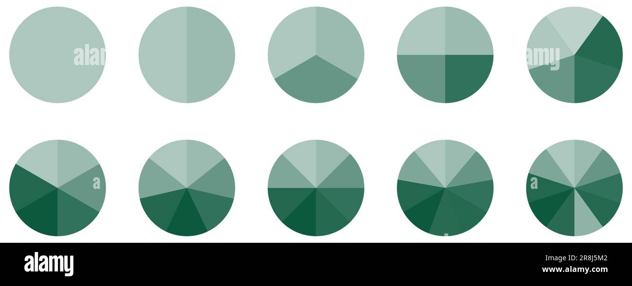 Green circle pie chart icons. Colorful diagram with 10 sections. Vector ...