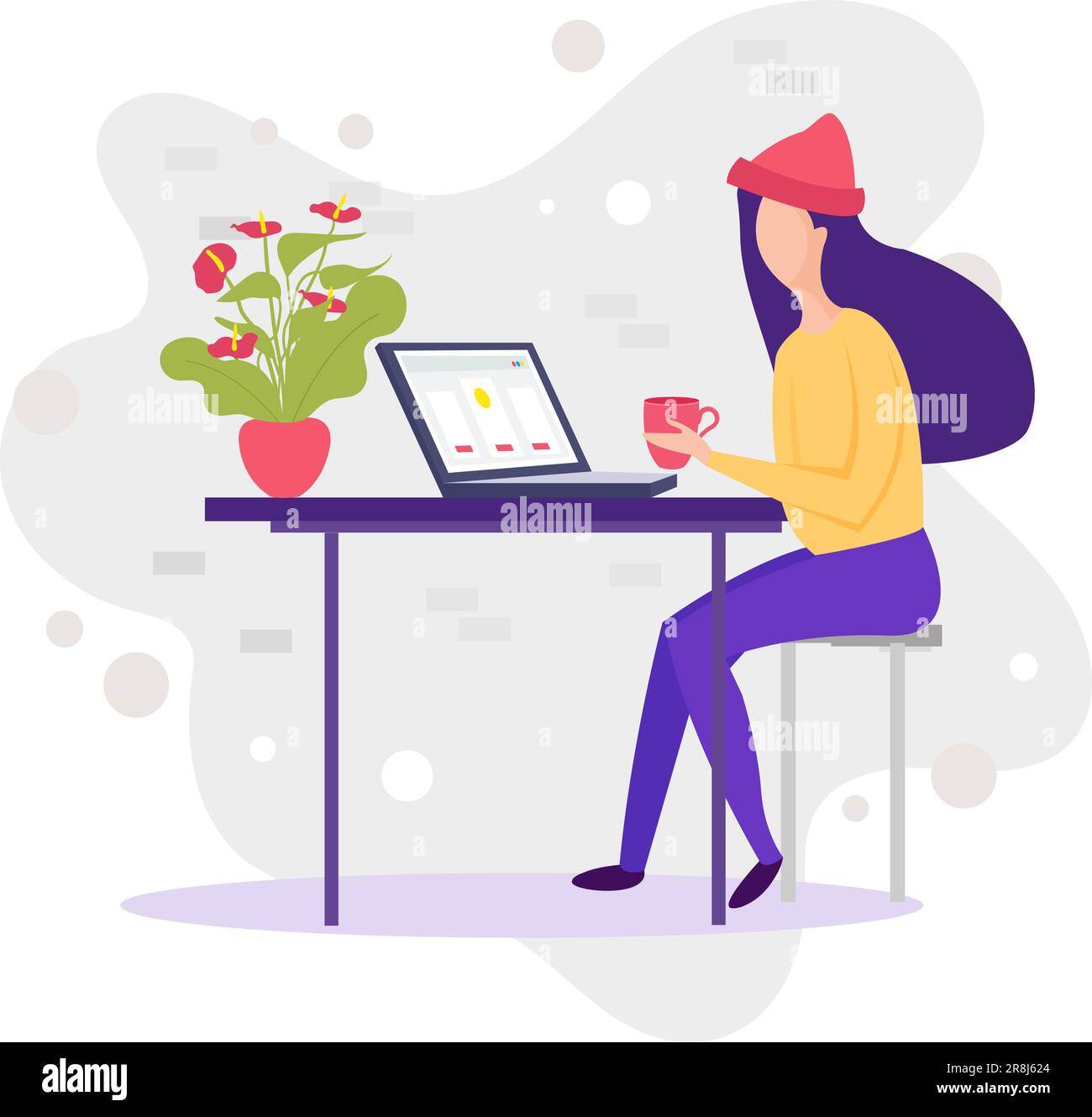 Millennials at work. Young female character eating an asian take away ...